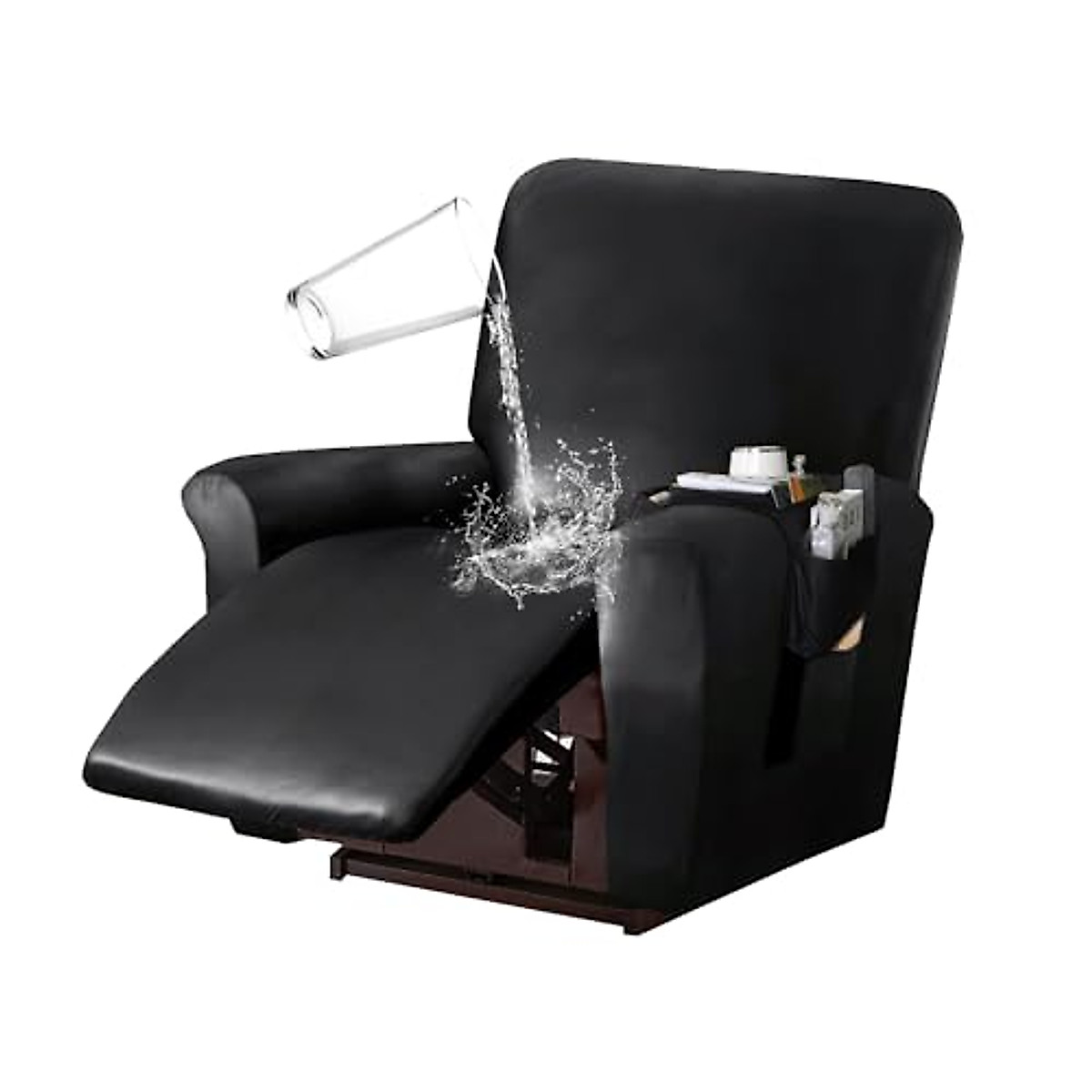 HewTLES PU Leather Recliner Cover, Elastic Waterproof Sofa Cover, 4-Piece Recliner Cover with Pockets, Easy to Clean Recliner Covers for Large Recliner，Added armrest Storage Pockets (Black)