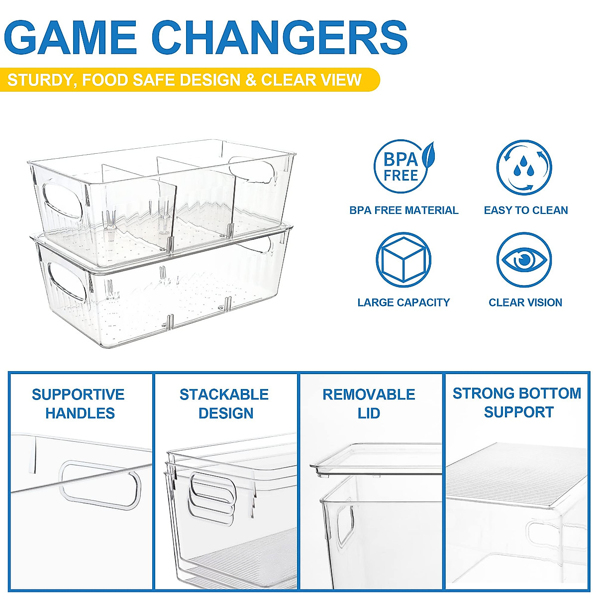 8pcs Refrigerator Organizer Bins with Lids - Clear Plastic Storage Bins, Stackable Food Fridge Organizers with Cutout Handles, Fruit Vegetable Storage Containers for Kitchen Pantry Organization