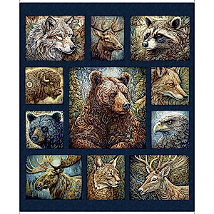 Animals of The Enchanted Forest Navy Cotton Fabric Panel QT 30464 Size 36 X 44