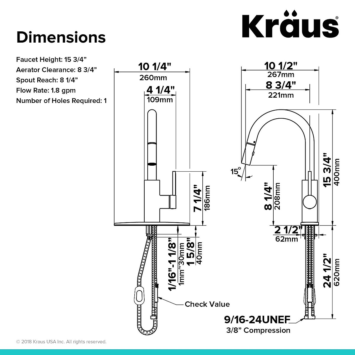 KRAUS Oletto Single Handle Pull Down Kitchen Faucet with QuickDock Top Mount Installation Assembly in Spot-Free Brushed Brass, KPF-2620BB