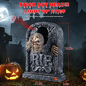 Motion Activated Halloween Animatronics Zombie Tombstone - LED Gravestone Decorations with Spooky Skeleton Skull Head, Light Up Eyes, Creepy Voice, Scary Motion Haunted Horror Prop for Indoor/Outdoor