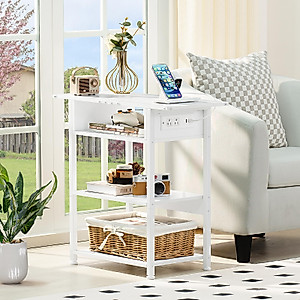 Lerliuo Side Table with Charging Station，Narrow End Table with USB Ports and Outlets,White Skinny Nightstand with Open Storage Shelf for Small Space，Slim Sofa Bedside Table for Living Room Bedroom