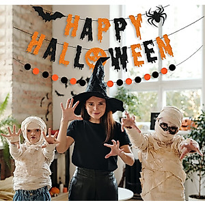CAVLA Glitter Happy Halloween Banner and Circle Dots Garland Black Orange Glittery Halloween Garland Banner with Bat and Spider Signs Halloween Haunted Houses Wall Fireplace Party Decorations Supplies
