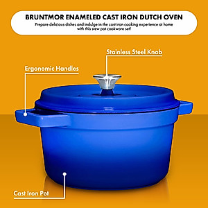 Bruntmor Pre-Seasoned 6.5 qt Enameled Cast Iron Round Dutch oven, 6.5 Quart Dutch Ovens Pot with Lid and Handle, Cast Iron Skillet, Heavy Duty Casserole Dish, Hand wash only, Duke Blue