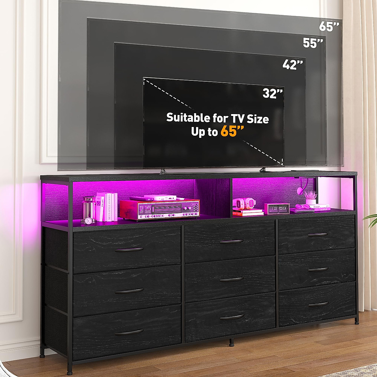 EnHomee 55” W Dresser, Black Dresser for Bedroom with Power Outlet & LED Lights 65" TV Stand for Bedroom Dresser with 9 Fabric Drawers, Sturdy Dressers for Bedroom, Closet, Entryway