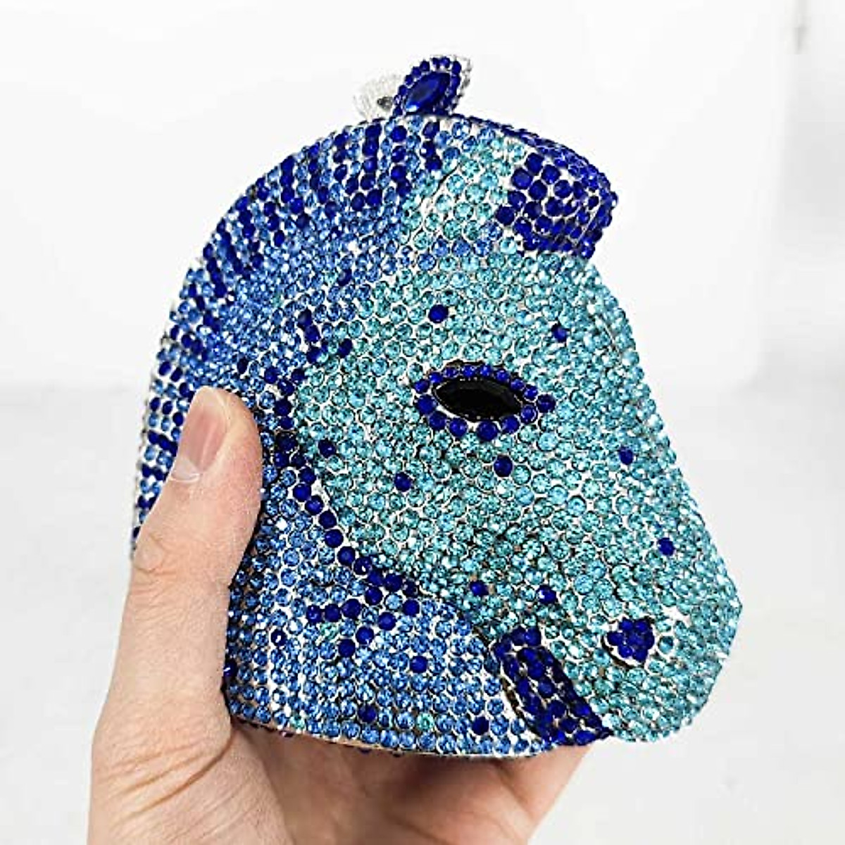 Sparkling 3D Horse Head Shape Women Crystal Clutch Bag Evening Wedding Handbags (Blue Mixed)