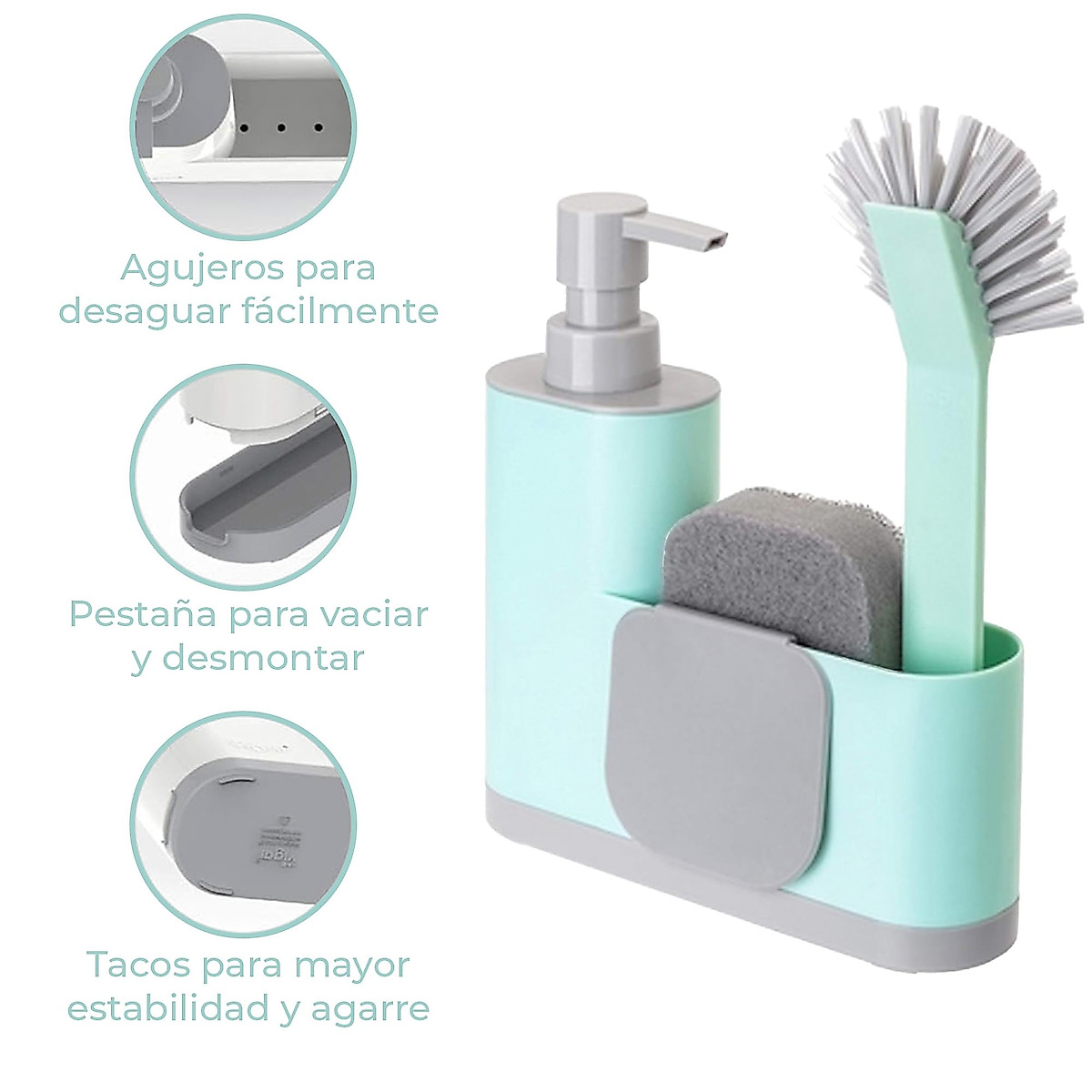 Vigar Rengo Monobloc 4-piece Sink Caddy Set, Includes Scrub Brush, Two-sided Sponge, Soap Dispenser and Scraper, Turquoise