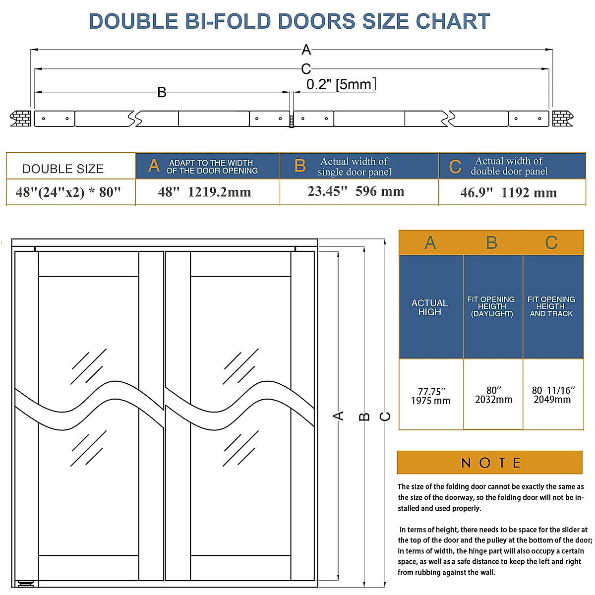 BARNER HOME Bi-Fold Doors, for 48"x 80" (Double 24" x 80" Doors) Opening, 3-lite Tempered Frosted Glass Panel, MDF, White Closet Door