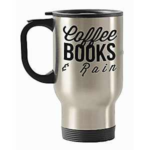 Book Lover Travel Mug - Novelty Gifts, Stainless Steel Insulated Cup By Vitazi Kitchenware - Great Gift for Bookworms, Readers, Book Nerds, Coffee Addicts Coffee Books & Rain (Silver)