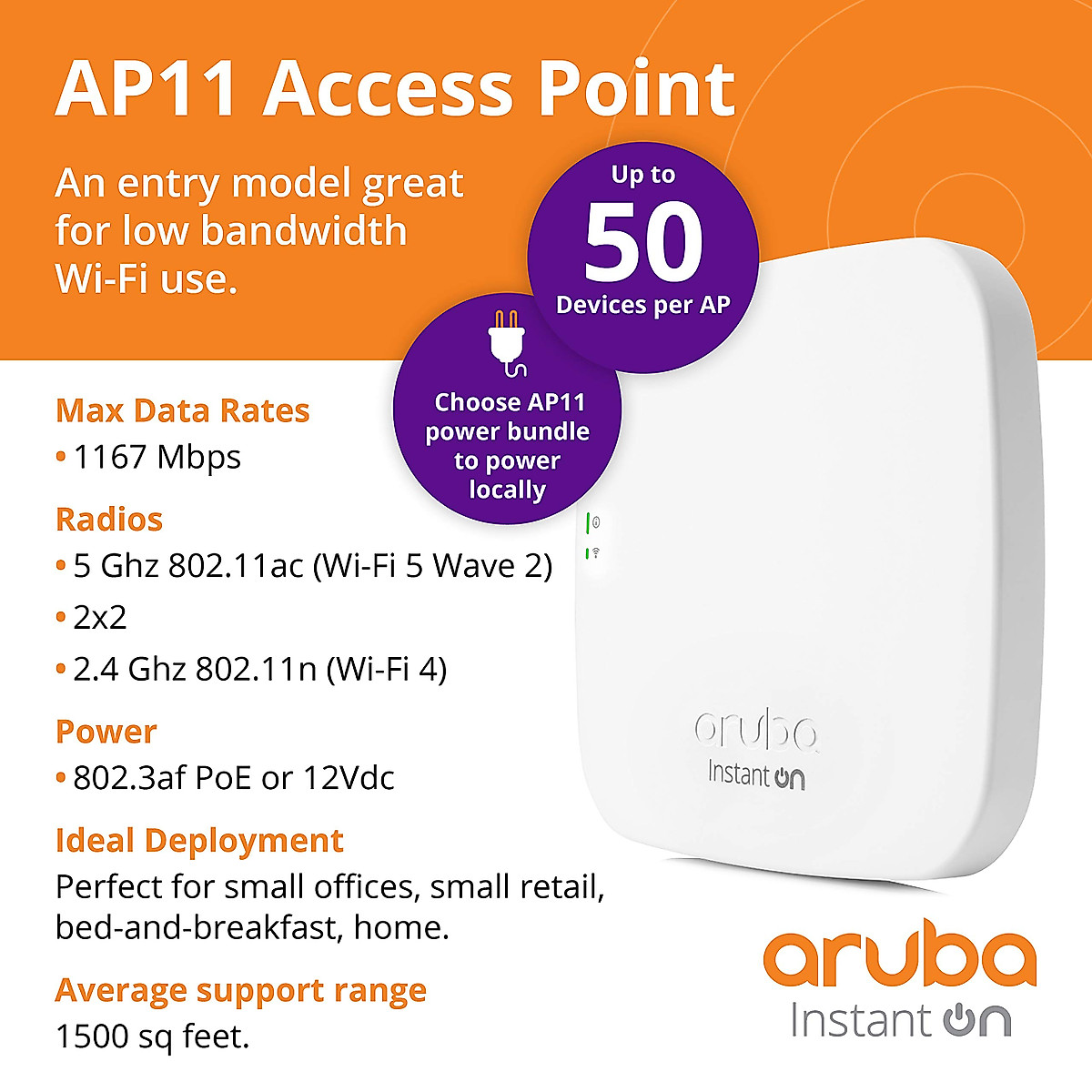 HPE Networking Instant On Access Point AP11 2x2 WiFi 5 Indoor Wireless Access Point | Power Source Not Included | US Model (R2W95A)