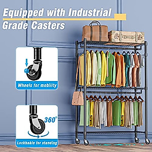 Homdox Double Rod Closet 3 Shelves Wire Shelving Clothing Rolling Rack Heavy Duty Garment Rack with Wheels and Side Hooks, 2-Pack