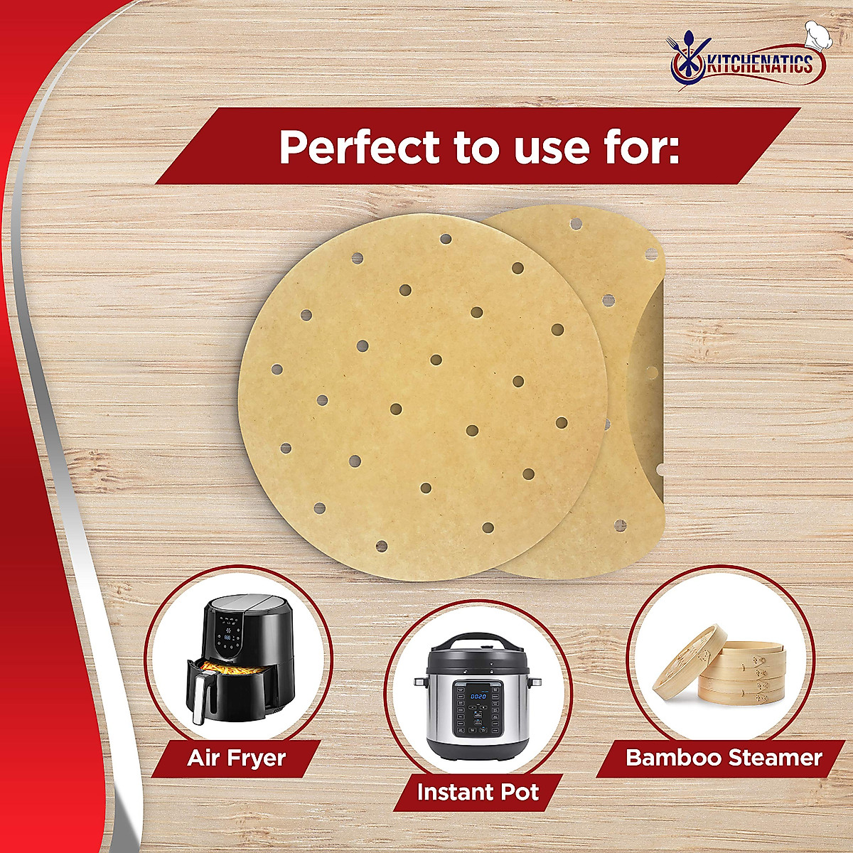 KITCHENATICS Round Unbleached Air Fryer Liners Disposable, Parchment Paper Air Fryer Liner, Oil-Proof, Water-Proof, Paper Liners for Air fryer Basket, Baking, Oven, Microwave, Steamer 8 Inch 150 Pcs