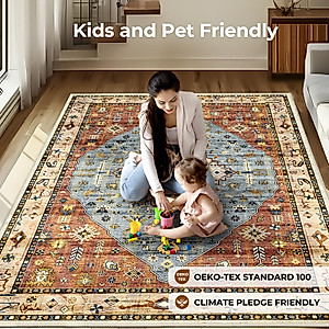 WITSHOCK Boho Area Rug Machine Washable Rugs for Living Room Bedroom Kitchen, 5x7 Area Rugs Kitchen Rugs Non Slip Washable Stain Low Pile Resistant Floor Carpet, Indoor Outdoor Rugs for Entryway, Red