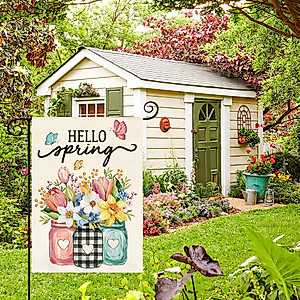 AVOIN colorlife Hello Spring Garden Flag 12x18 Inch Double Sided Outside, Floral Mason Jar Holiday Yard Outdoor Flag