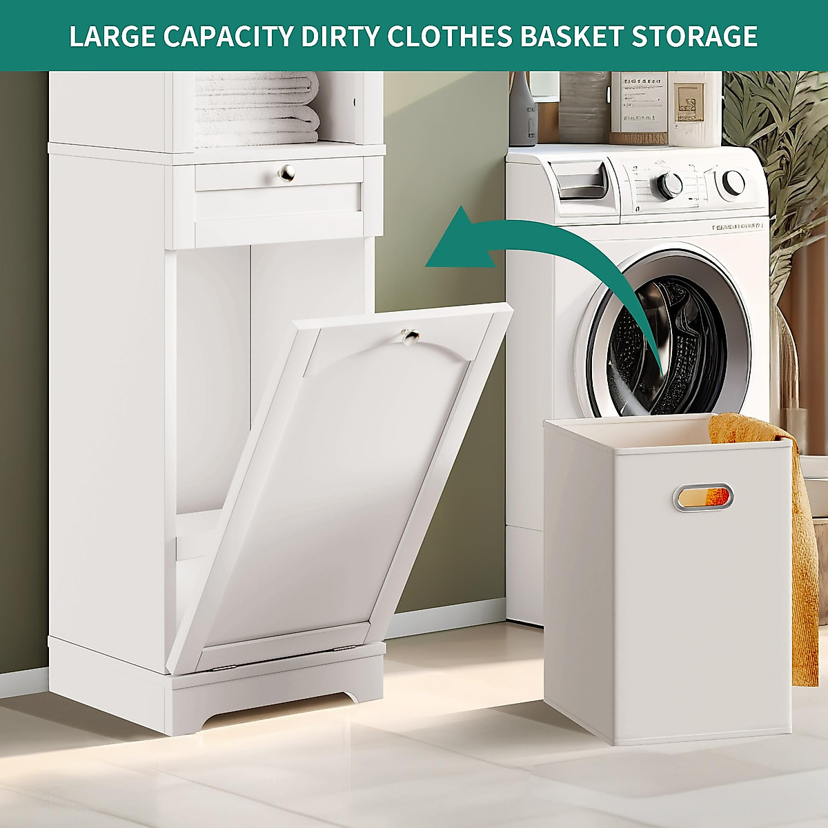 YITAHOME 53" Tall Tilt Out Laundry Hamper Cabinet Hidden Laundry Hamper with Storage Laundry Basket Cabinet with Drawer Bathroom Storage Cabinet Shelf with a Clothes Basket, White