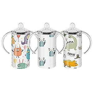 ZONEGRACE 4 Pack 12 OZ Sublimation White Blank Straight Sippy Cup,Insulated Stainless Steel Tumblers with Screw-ON LIDS