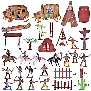 FUN LITTLE TOYS 61 PCs Wild West Cowboys and Indians Plastic Figures Toys, Toy Soldiers for Kids, Wild West Figure Playset with Horse, Tent, Army Men Boy's War Game, Educational Toys, Birthday Gift