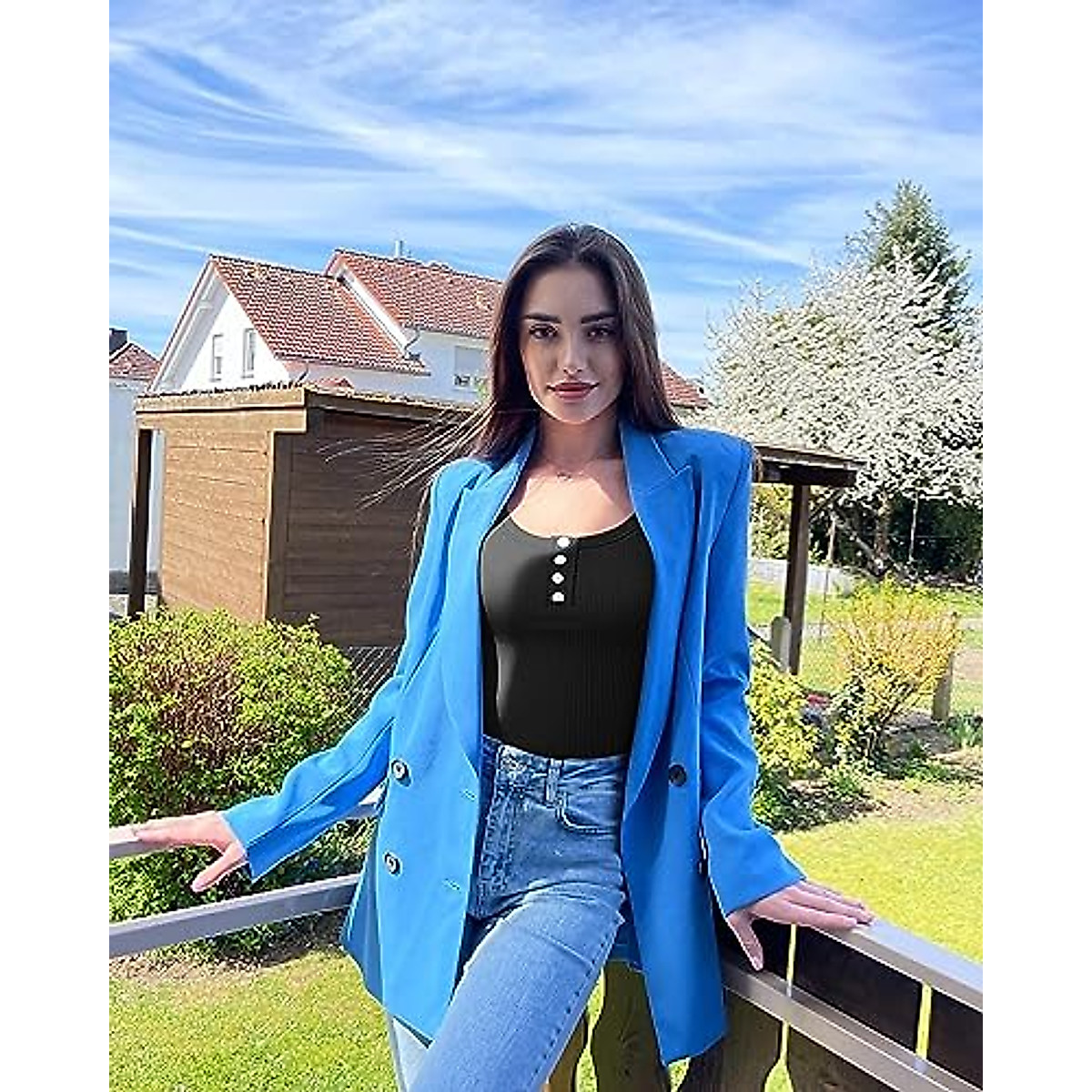 OQQ Women's 2 Piece Long Sleeve Seamless Ribbed Button Stretch Shirt, Black,beige, Medium