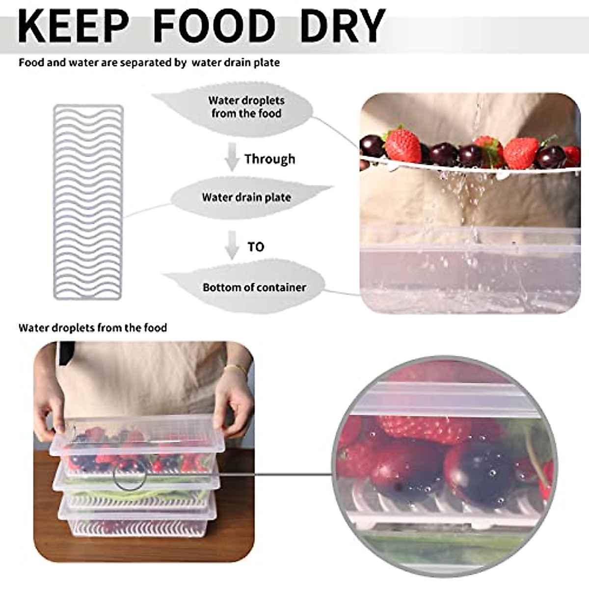 77L Food Storage Containers, (3-Pack) Plastic Food Container with Removable Drain Plate and Lid, Stackable Portable Freezer Storage Containers - Tray to Keep Fruits, Vegetables, Meat and More (Medium)