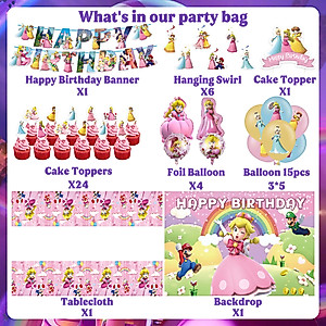 Princess Peach Birthday Party Supplies, Princess Peach Party Favors, Princess Peach Party Decorations Include Banners, Backdrop, Hanging Swirls, Balloons, Cake Decoration, Cupcake Toppers, Tablecloth