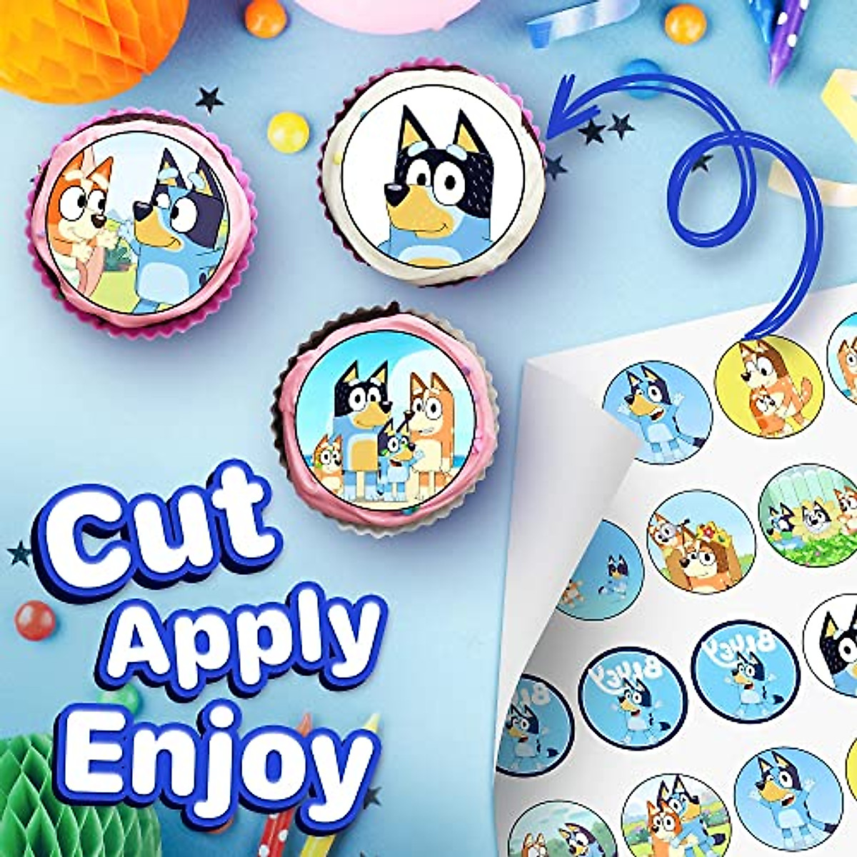 30x blue dog Cupcake Toppers – Edible Happy Birthday Décor, Wafer Sheet Cake Decorating
