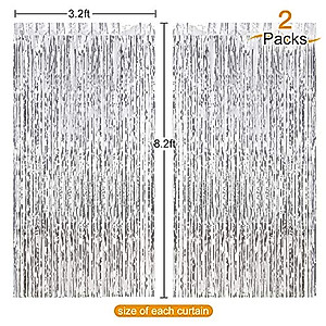 CHRORINE 2pcs 3ft x 8.3ft Silver Tinsel Foil Fringe Curtains Streamers Backdrop for Birthday Graduation Engagement Bridal Shower Bachelorette Baby Shower Holiday Party Decorations