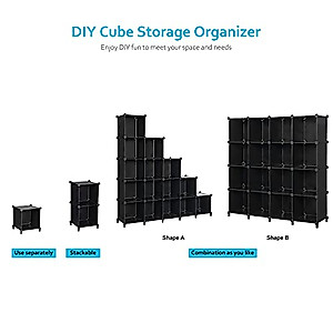 ANWBROAD Cube Storage Organizer, 16-Cube Cubby Shelving Book Shelf Living Room, Closet Clothes Organizers, Kids Toys Craft Yarn Storage with Rubber Hammer for Bedroom Office Black ULCS016B