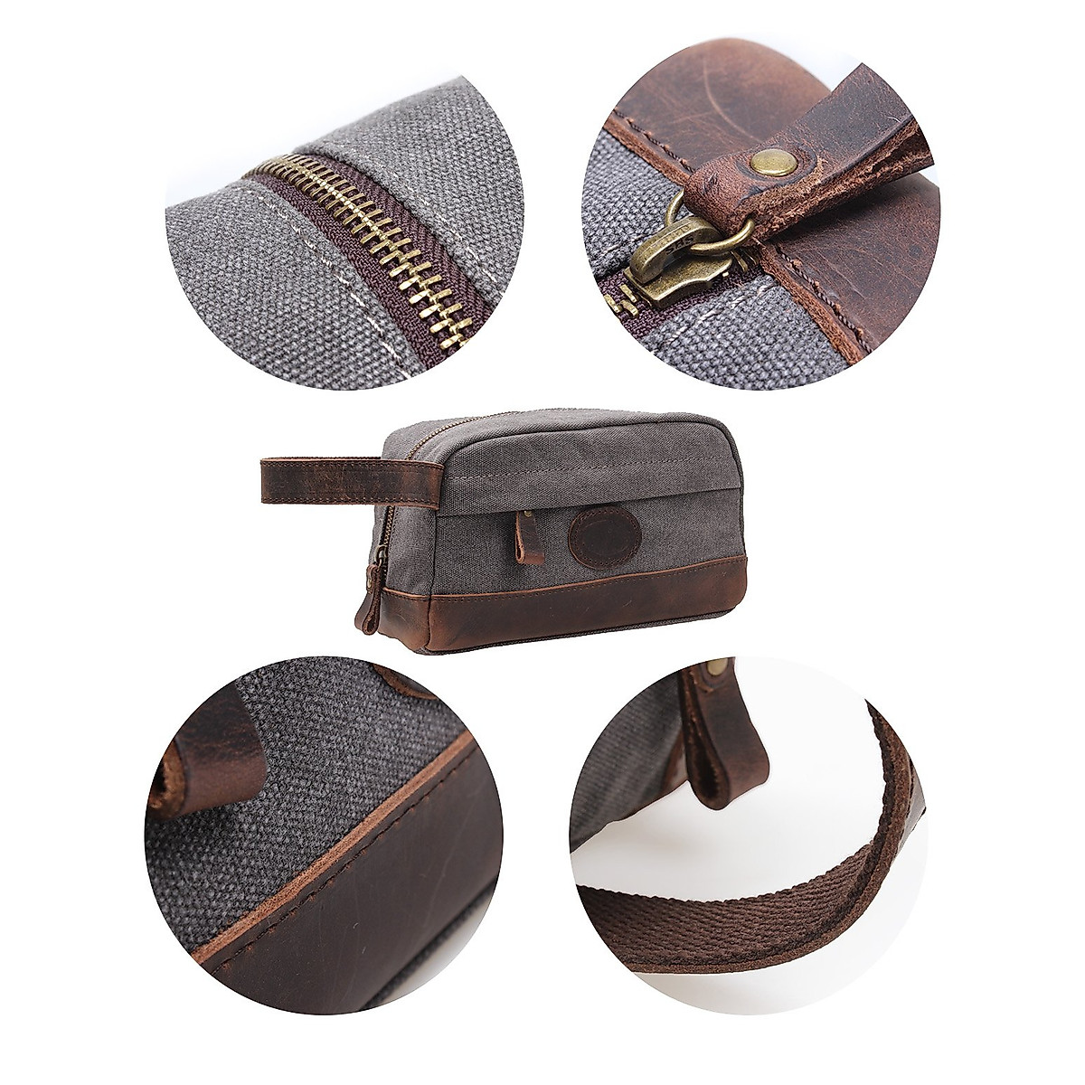 Vintage Leather Canvas Travel Toiletry Bag Shaving Dopp Kit #A001 (Grey)