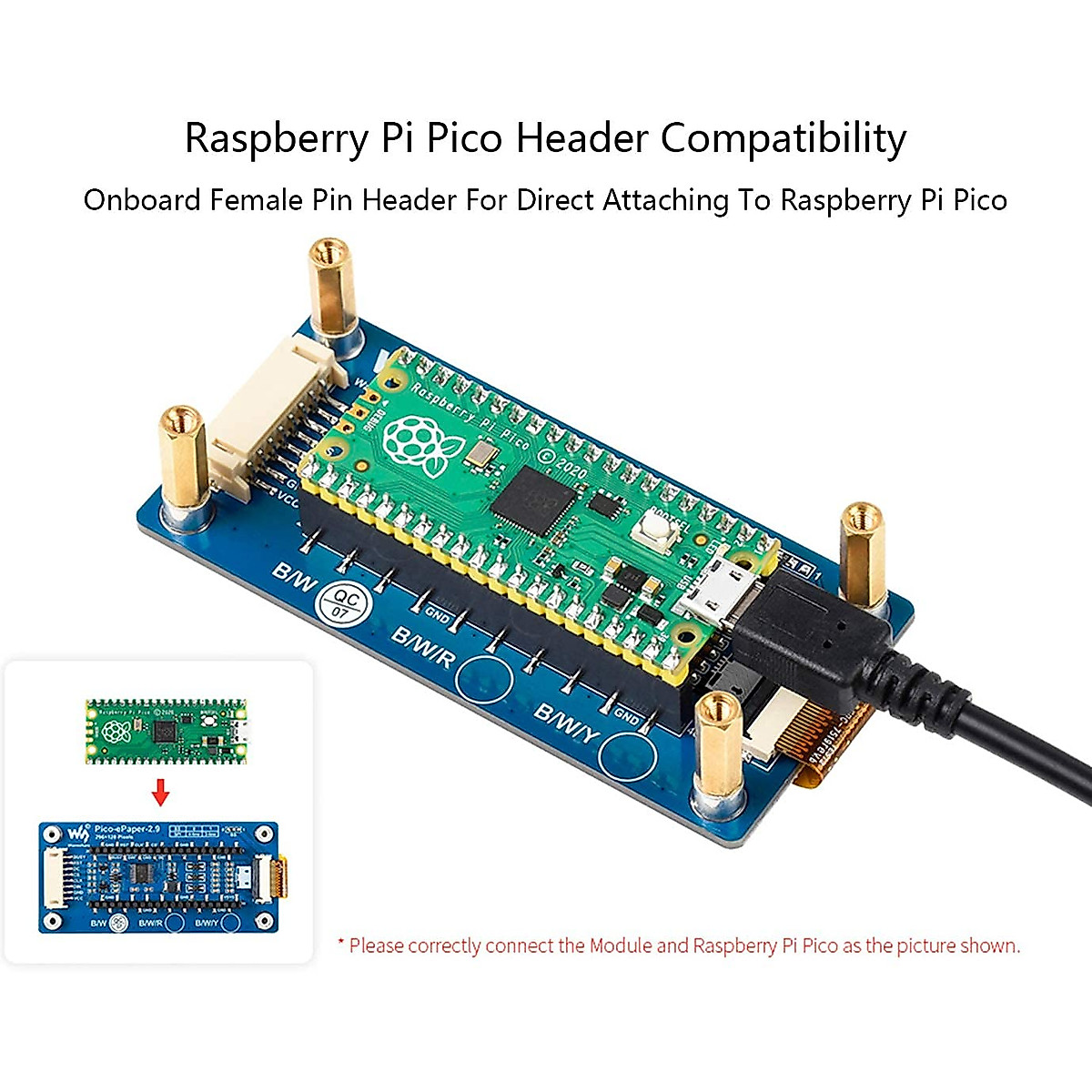 Waveshare 2.9inch E-Paper Display Module for Raspberry Pi Pico, Black White Two-Color 296×128 Pixel E-Paper Screen LCD SPI Interface Support Partial Refresh Wide Viewing Angle, Paper-Like Effect