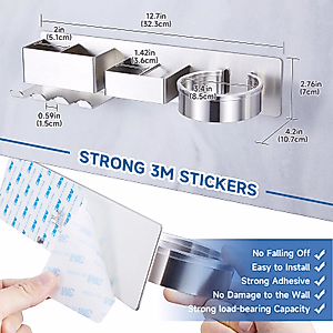 Hair Dryer Holder Wall Mounted, Hair Tool Organizer, Stainless Steel Blow Dryer Holder for Bathroom, Adhesive Hair Straightener Holder Curling Iron Holder with Plug Hook & Storage Compartment