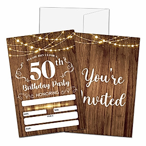 CLIRBE 50th Birthday Invitations, 1973 Birthday Party Invitations For Women Men, 50 Year Old Birthday Invites, Rustic Wood Theme Birthday Party Decorations, 20 Invitations with 20 Envelopes - A05