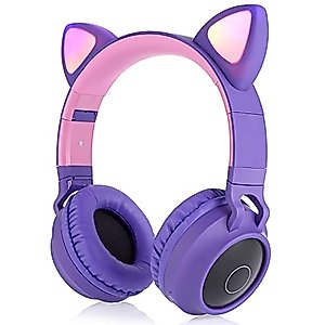 Usoun Kids Wireless Headphones,Cat Ear LED Light Up Wireless Foldable Headphones Over Ear with MIC,Stereo Sound,FM Radio/TF Card,Childrens Headset for Boys Girls Adults,School Study Home (Purple)