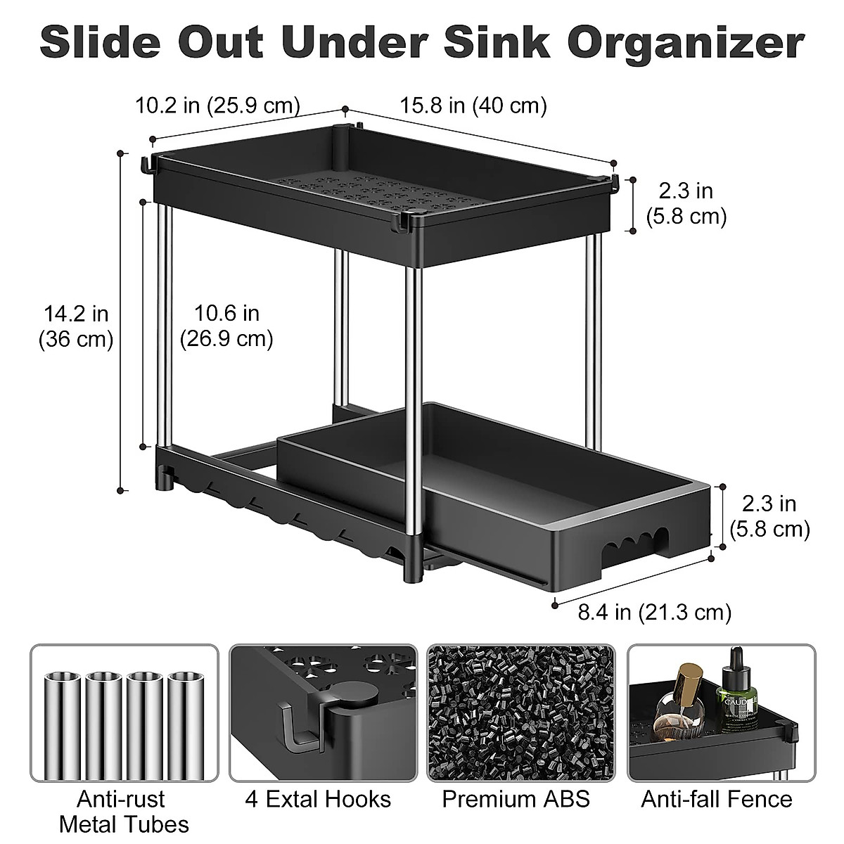 DUSASA Under Sink Organizer and Storage with Sliding Drawer, 2 Tier Black Plastic Cabinet Basket Organizer with Hooks, Under Cabinet Storage for Bathroom Kitchen