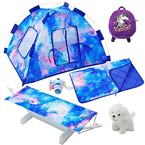 Srua Don 18 Inch Dolls Accessories Camping Tent and Hammock Set - Including Doll Camping Tent, Sleeping Bag, Hammock Bed, Toy Camera, Doll Backpack, Toy Dog, 6 Items Fits 18" Dolls