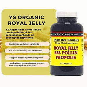 YS Organics Triple Bee Complex, Royal Jelly, Bee Pollen, Propolis - The Power of Nature Packed in 90 Capsules with Bonus worldwidenutrition Multi Purpose Key Chain