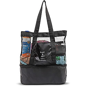 Zodaca Black Mesh Beach Tote with Cooler, Play & Joy Insulated Lake Bag (17 x 16 x 5 in)
