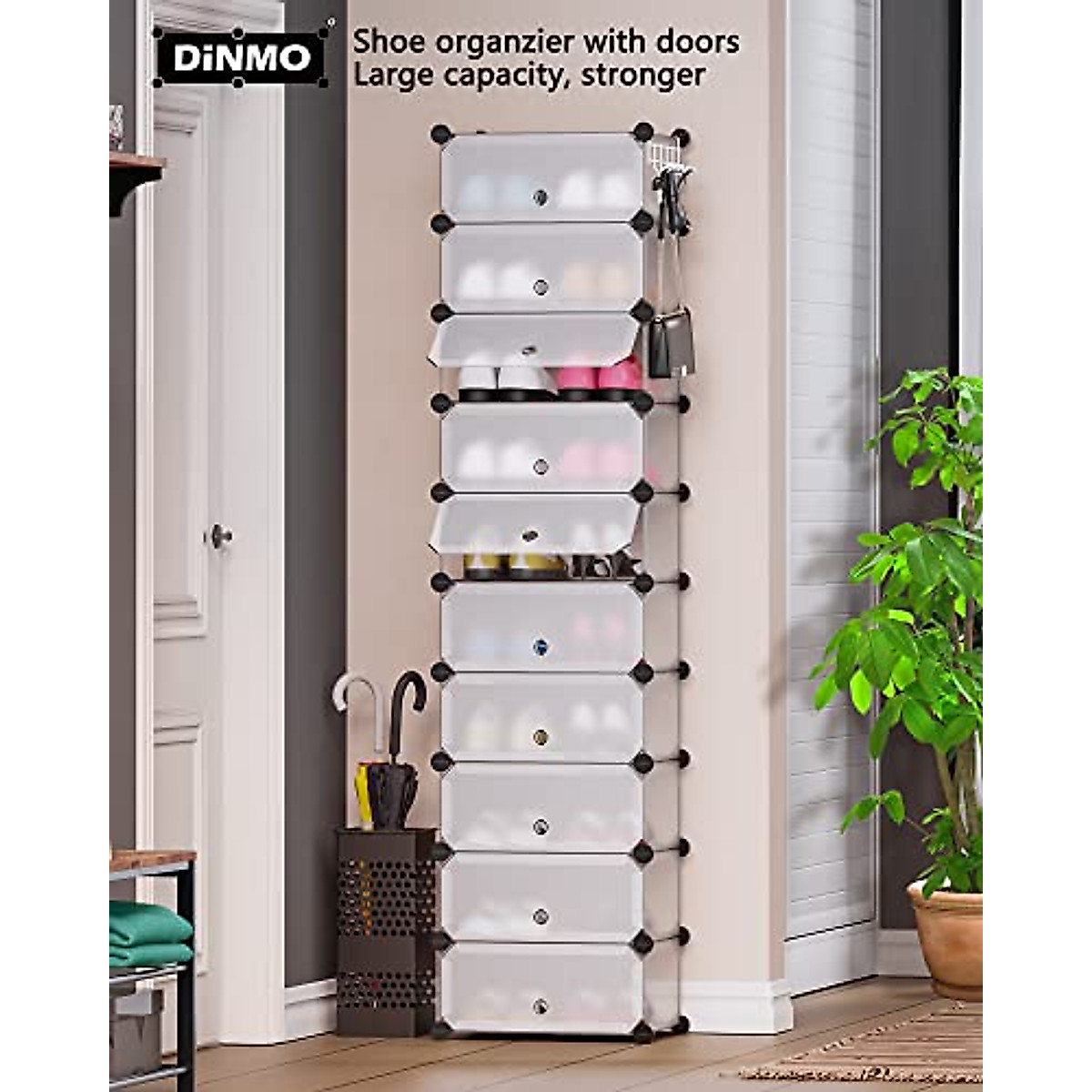 DINMO 10-Tier Shoe Rack with Doors for Entryway, 20 Pairs, Portable Plastic Cubby Shoe Shelves Organizer Unit, DIY Shoe Cabinet, White