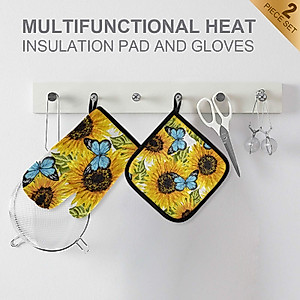 Yellow Sunflowers Butterfly Oven Mitts and Pot Holders Set Summer Heat Resistant Hot Pads Cooking Gloves Handling Kitchen Cookware Bakeware BBQ