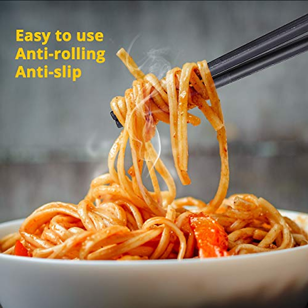 Lourmet 10 Pair Fiberglass Chopsticks – 9.5 Inches Long Reusable Chopsticks Dishwasher Safe for Asian Food, Light Weight Japanese Chopsticks Strong Grip Sturdy Material – Black Chopsticks Set