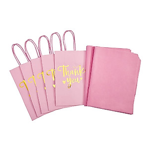 DjinnGlory 50 Pack Small Pink & Gold Foil Thank You Paper Gift Bags with Handles 9''x5.5''x3.15'' and 50 Tissue Paper for Mother's Day Wedding Bridal Baby Shower Birthday Princess Party Supplies