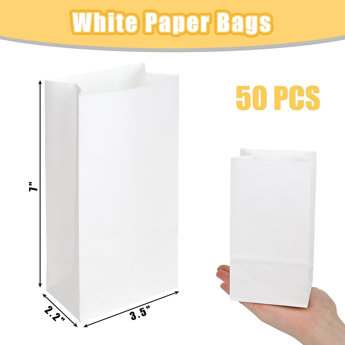 VGOODALL 50PCS Paper Bags for Lunch, Small White Paper Bags Snack Bags Lunch Bags for DIY Crafts Baby Shower Wedding Party Favors