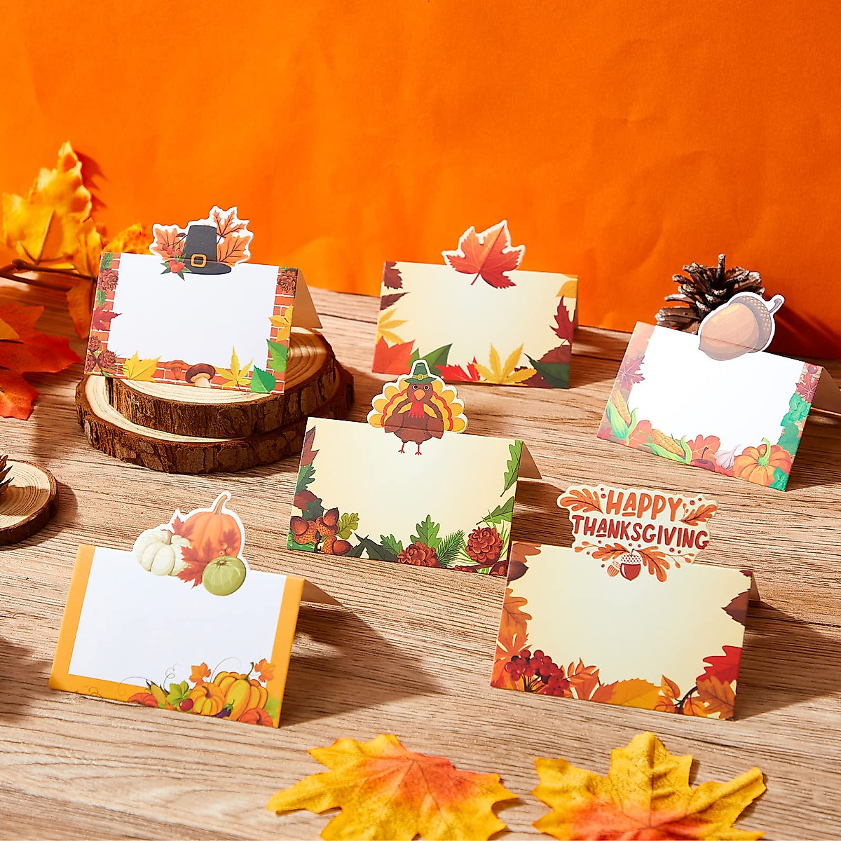 36 Pcs Thanksgiving Place Cards Pumpkin Fall Leaves Name Place Cards and 2 Pcs Permanent Markers Black Markers Name Tents Thankful Greeting Cards for Thanksgiving Harvest Party Bridal Shower Birthday