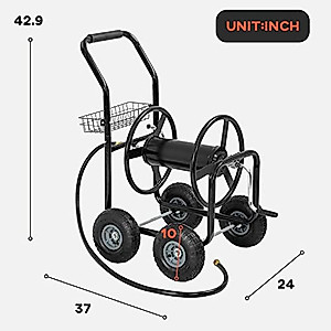 Garden Hose Reel Cart with Wheels for Outdoor Holds 300-Feet of 5/8-Inch Hose Yard Water Planting Truck w/Storage Basket, Heavy Duty Metal Garden Lawn Water Truck 4 Wheels, Black