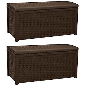 Keter Borneo 110 Gallon All Weather Weatherproof Rattan Wicker Resin Outdoor Backyard Patio Porch Deck Organization Storage Box Bench, Brown (2 Pack)