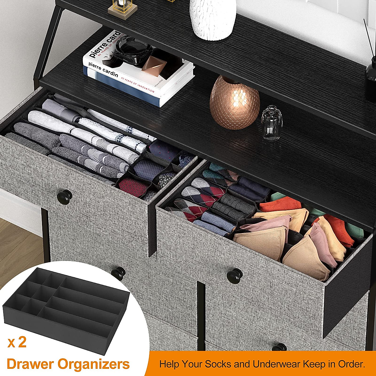 REAHOME 8 Drawer Steel Frame Wood Top Storage Organizer Dresser for Closet, Living Room, and Entryway with 2 Additional Drawer Organizers, Light Grey