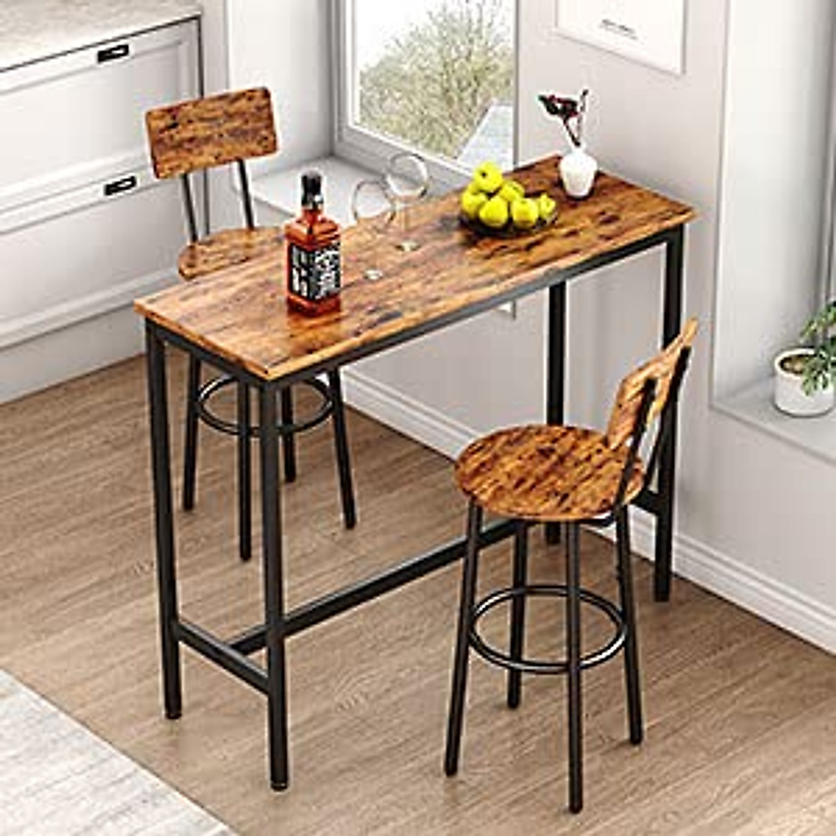 GNIXUU 3 Piece Pub Dining Set, 43" Rectangular Bar Bistro Table and 2 Bar Stools with Backrest, Industrial Wood Breakfast Table Set for Kitchen Nook, Apartment, Small Space(3, 43Inch)
