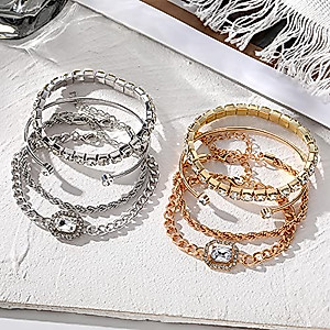 IFKM Gold Bracelet For Women Girls Dainty 14k Gold Plated Bangle Bracelets Set Adjustable Tennis CZ Twisted Chain Link Bangle Bracelet Layered Charm Jewelry Gift For Anniversary (Gold)