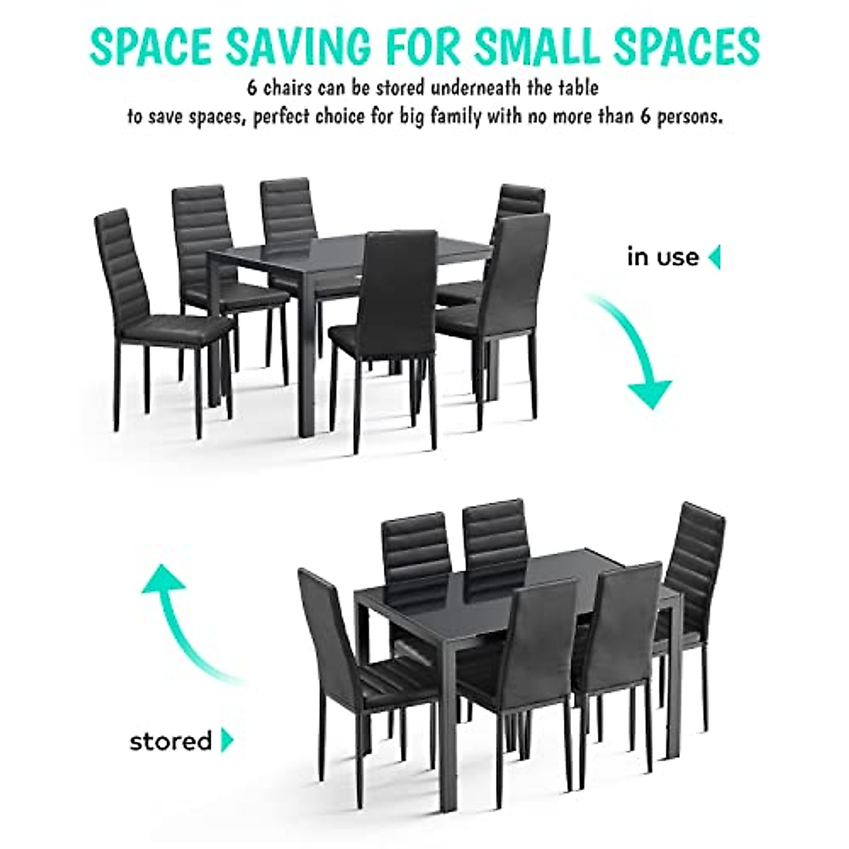 Gizoon Glass Dining Table Sets for 6, 7 Piece Kitchen Table and Chairs Set for 6 Person, PU Leather Modern Dining Room Sets for Home, Kitchen, Living Room Black