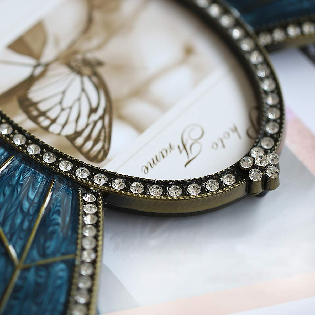 soofylia Retro Metal Butterfly Frame with Rhinestones Indigo Photo Frame 3.5 × 5 Room Decor Perfect for Wedding, Baby Birth Anniversary, Vacation, Graduation, Housewarming or any Memorable Photos