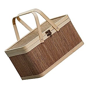 Gadpiparty Large Bamboo Basket Natural -Friendly Woven Basket Bamboo Picnic Basket with Lid Handheld Snacks Bread Storage Basket for Camping - 11.79X7.86X6.48inch